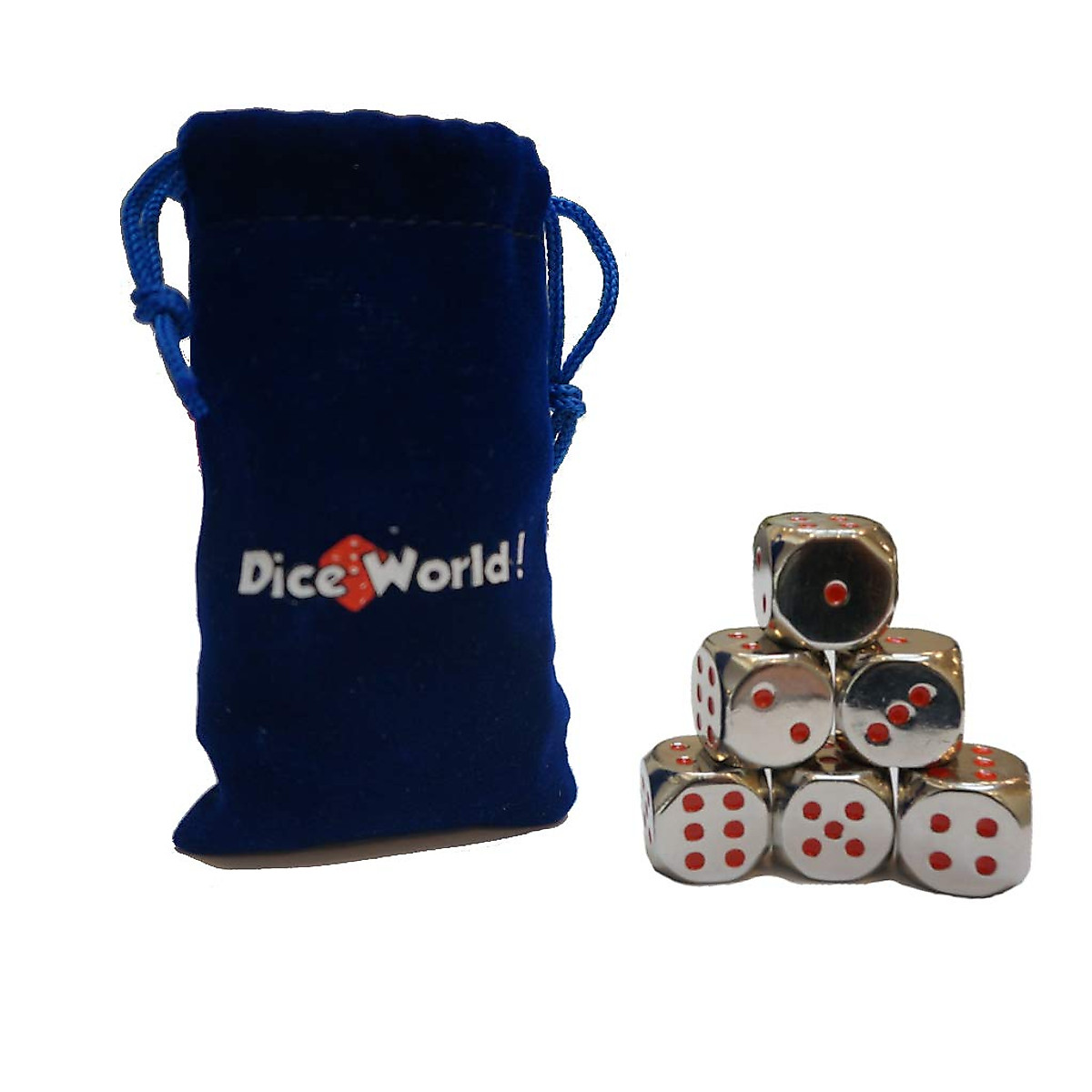 Set of 6 Dice World Solid Zinc Alloy Metal Dice (16mm) with Red Pips