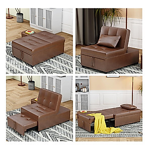 LEVNARY Convertible Chair Bed Sleeper, Pu Leather 4 in 1 Single Sofa Folding Chair Ottoman, Pull Out Small Couch Ottoman Bed for Home Living Room (Leather Brown)