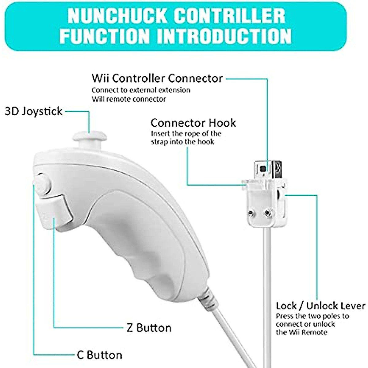 MODESLAB 4 Pack Wii Nunchuck Controller, Nunchuk Controllers Replacement Remote Joystick Gamepad Controller Compatible with Wii Wii U Console(White)