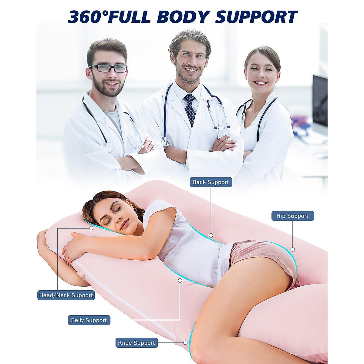 AngQi Pregnancy Pillows, U Shaped Pregnancy Body Pillow for Sleeping, 55 inch Maternity Pillow for Pregnant Women with Cooling Jersey Cover, Pink