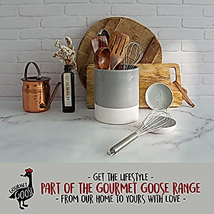 Utensil holder – crock - caddy - Extra Large ceramic organizer for kitchen countertop - modern or rustic farmhouse decor - gray & natural white - jar holds all spatulas, spoons & tools