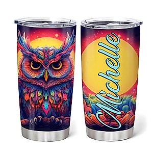 Hyturtle Personalized Owl Lovers Tumbler - Owls Print Custom Name Stainless Steel Coffee Tumbler 20 oz With Lid - Idea Owl Lover, Animal Lover Gifts For Women, Mom, Daughter For Birthday, Christmas