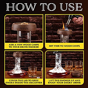 2-in-1 Decanter Set + Whisky and Wine Wooden Smoker - 60 fl oz, Glass Decanter - Scotch, Bourbon, Red Wine Handmade Decanter Set - Gift for Men - Uncommon Gift for Him