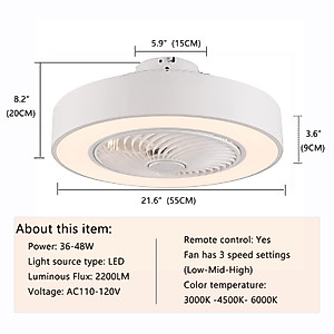 OUKANING Low Profile Ceiling Fan with Lighting, Enclosed Fan, 36 W, Ceiling Lighting, dimmable with Remote Control, 3 Files, Adjustable Wind Speed, Modern Bedroom (22 inches)