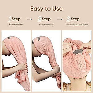 HOMEXCEL 5 Pack Microfiber Hair Towels - 40 x 20 inches Super Soft, Fast Drying Turbans for Long, Thick, Curly Hair - Anti Frizz Wrap with Elastic Strap