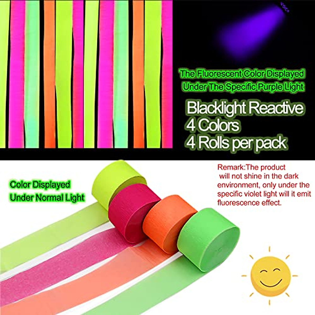 400feet Glow in The Dark Crepe Paper Streamers Party Supplies and Decorations UV Reactive Fluorescent Neon Paper Streamers Party Garland for Birthday, Neon Party Favors , Blacklight Party Supplies