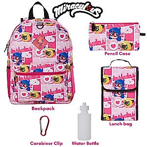 Miraculous Ladybug Cat Noir Backpack Set with Lunch Bag for Girls, 16 inch, 5 Piece Value Set, Pink