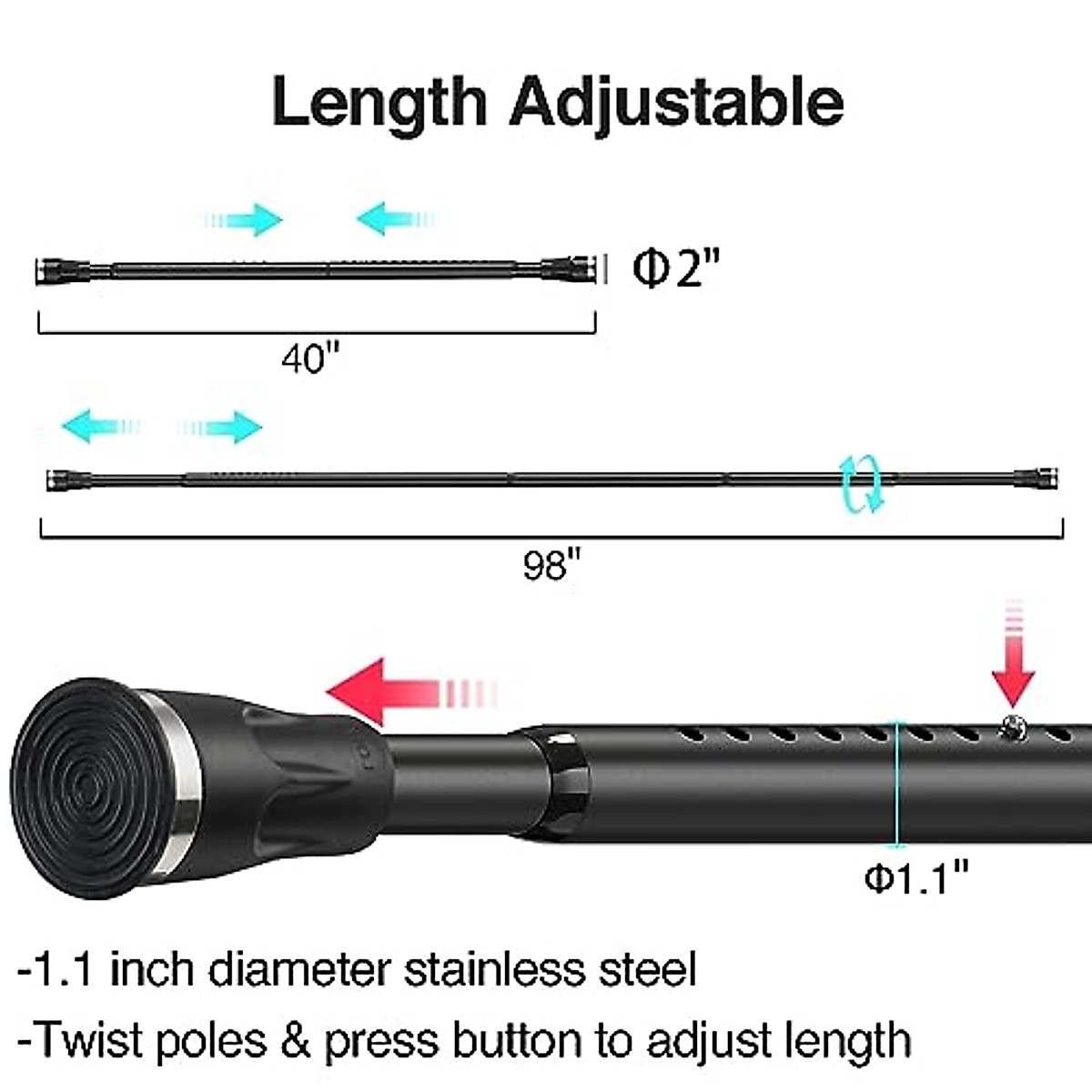 Black Shower Curtain Rod Tension No Drill 40-98 Inch Adjustable Stainless Steel Tension Shower Rod for Bathroom Windows Closet Rod