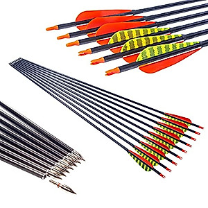 Pinals Traditional Archery 300 340 400 500 600 Spine Carbon Feather Arrows for Recurve Compound Bow Longbow Hunting Targets Arrow 12PCS 400 31"