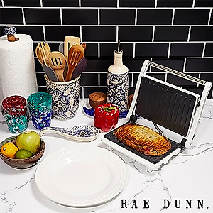 Rae Dunn Panini Maker - 750 Watt 2-Slice Press Grill with Indicator Lights | Opens 180 Degrees | Double Sided Heating | Non-stick Cooking | Cool Touch Handle | Easy to Clean, Cream