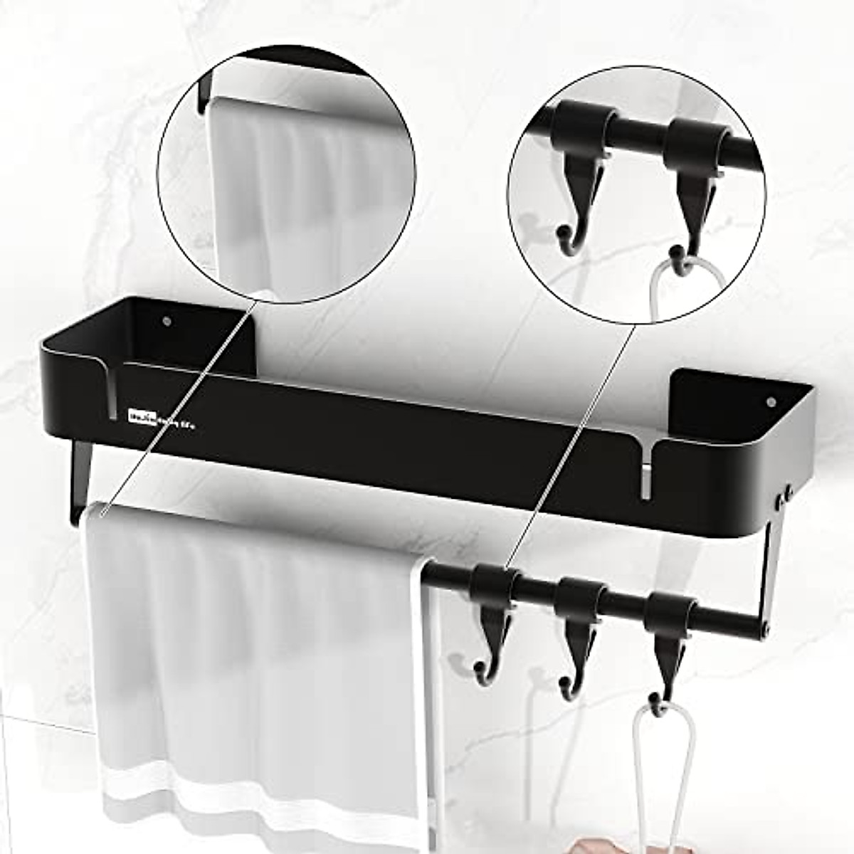 RCHYFEED 15.6”Shower Caddy with Towel Bar, Shower Organizer Adhesive,Metal Rustproof Bathroom Shower Shelf Rack with Hook, Drilling-Free Self Adhesive Storage Shelf for Bathroom & Kitchen(Black)