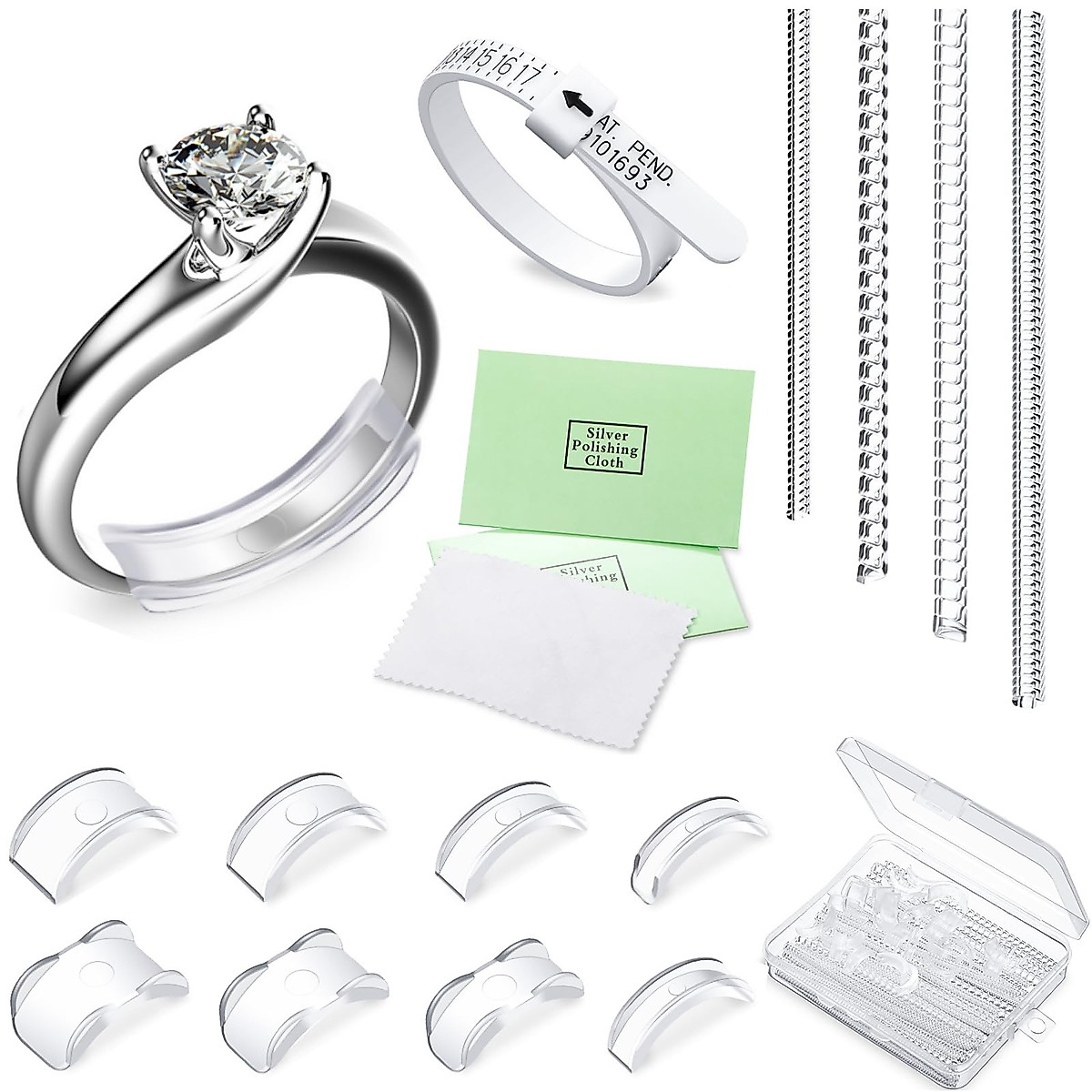 Ring Size Adjusters Set for Loosing Rings in 2 Styles, 12 Sizes, Ring Size Reducer Spacer Ring Guard Ring Resizer Tightener with Ring Sizer Measuring Belt, Jewelry Cloth and Organizer (16 Pieces)