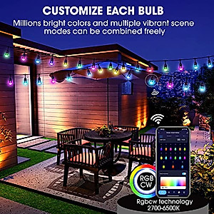 Queker Upgrade 25ft Outdoor String Lights,Smart RGB LED String Lights Work with Alexa,Waterproof Outside Patio String Lights with 12 Dimmable LED Bulbs,Color Changing Outdoor Lights with App & Remote
