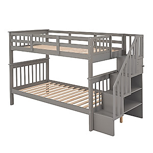 Harper & Bright Designs Twin Bunk Beds, Twin Over Twin Bunk Bed with Stairs and Storage, Low Bunk Beds Twin Over Twin for Kids Girls Boys, Grey