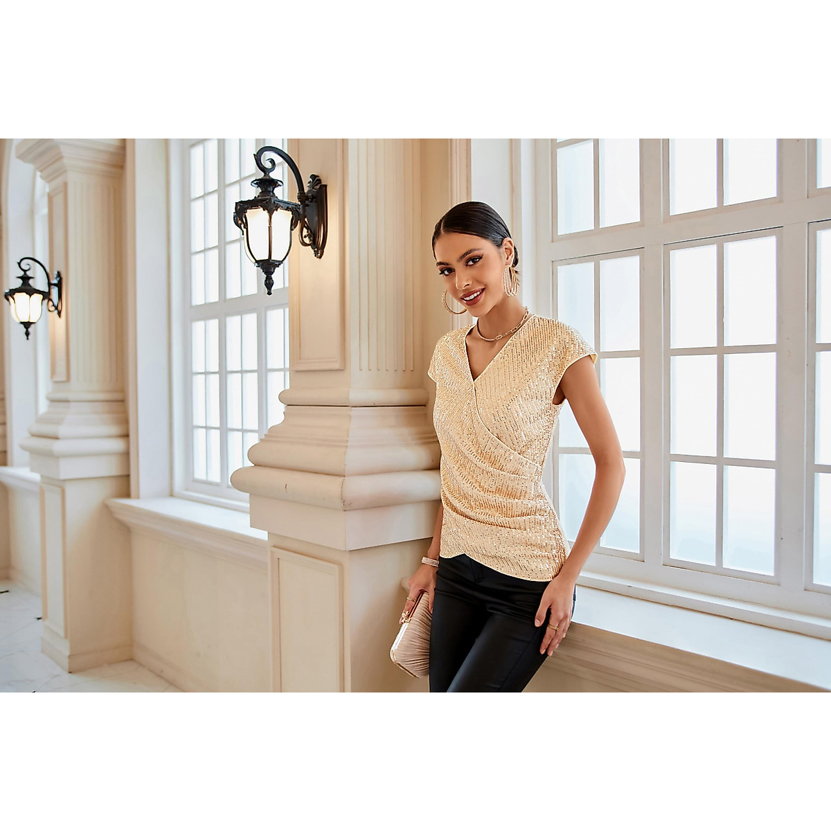 Womens Sequin Sparkle Tops Shimmer Glitter Club Party Cap Sleeve Wrap V-Neck Twist Front Tops Plus Size Champagne XL