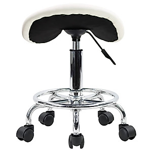 KKTONER Saddle Stool with Foot Rest PU Leather Swivel Adjustable Rolling Stool with Wheels Facial Salon Chair (White)
