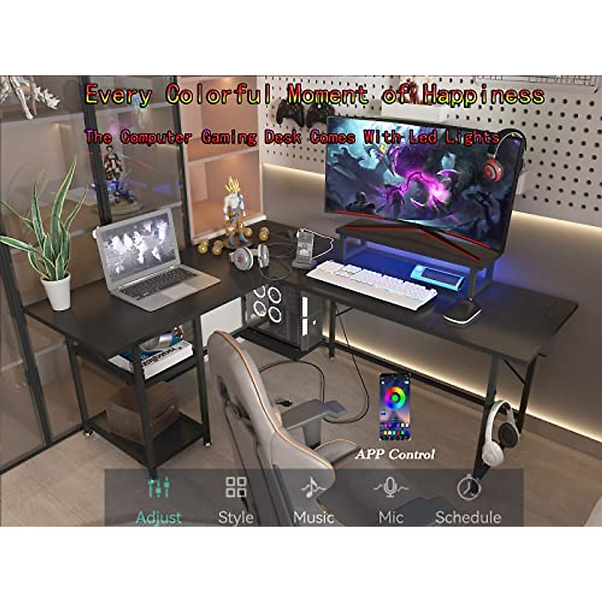 DLIUZ l Shaped Computer Desk with Monitor Stand and Power Outlets,Gaming Desk with Storage Shelf and LED Lights,Home Office Reversible Corner Modern Desk or 2 Person Long Table with Hooks (Black)