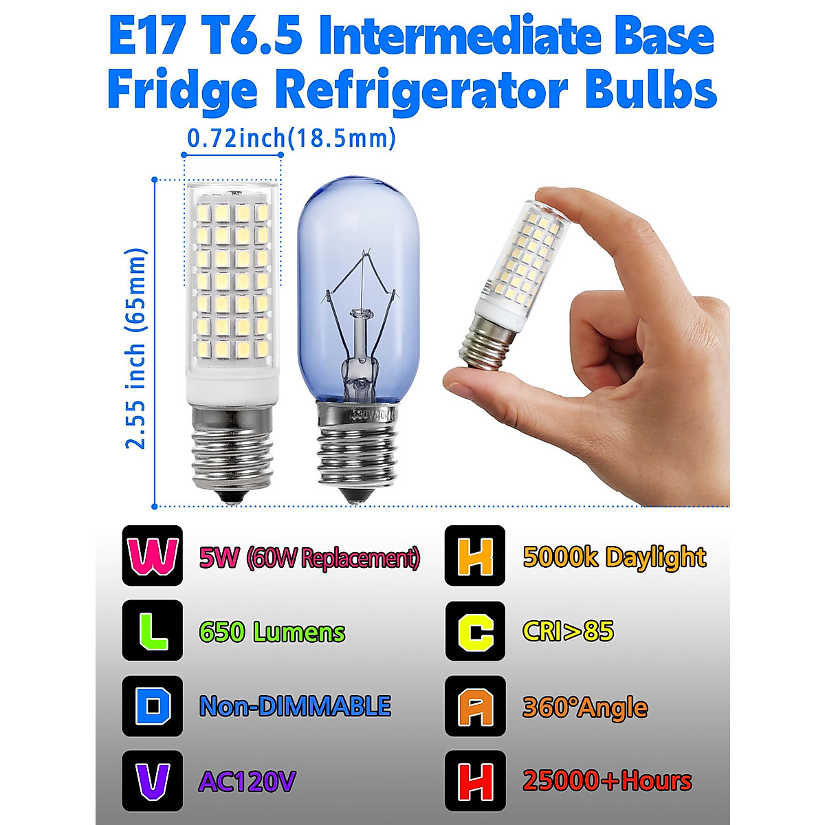 Xyanmc Fridge Freezer Light Bulb Replacement E17 LED Appliance Bulb 5W Equivalent 60W 5000K Daylight 650LM, E17 Intermediate Base Fridge Bulbs KEI D28M KEI D28A KEL2811 5304517886 Refrigerator 2PACK