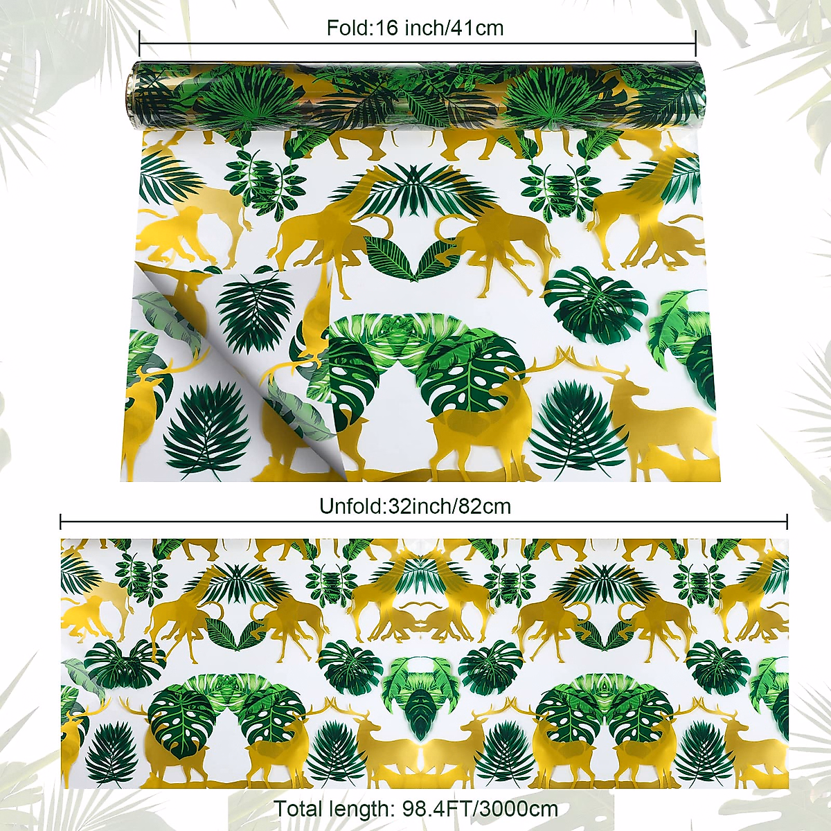 Geyee Safari Cellophane Wrap Roll with Pull Bows and Ribbons 98 Feet x 32 Inches Cellophane Wrap Jungle Animal Gift Wrapping Paper for Jungle Safari Baby Shower Birthday Summer Party Supplies