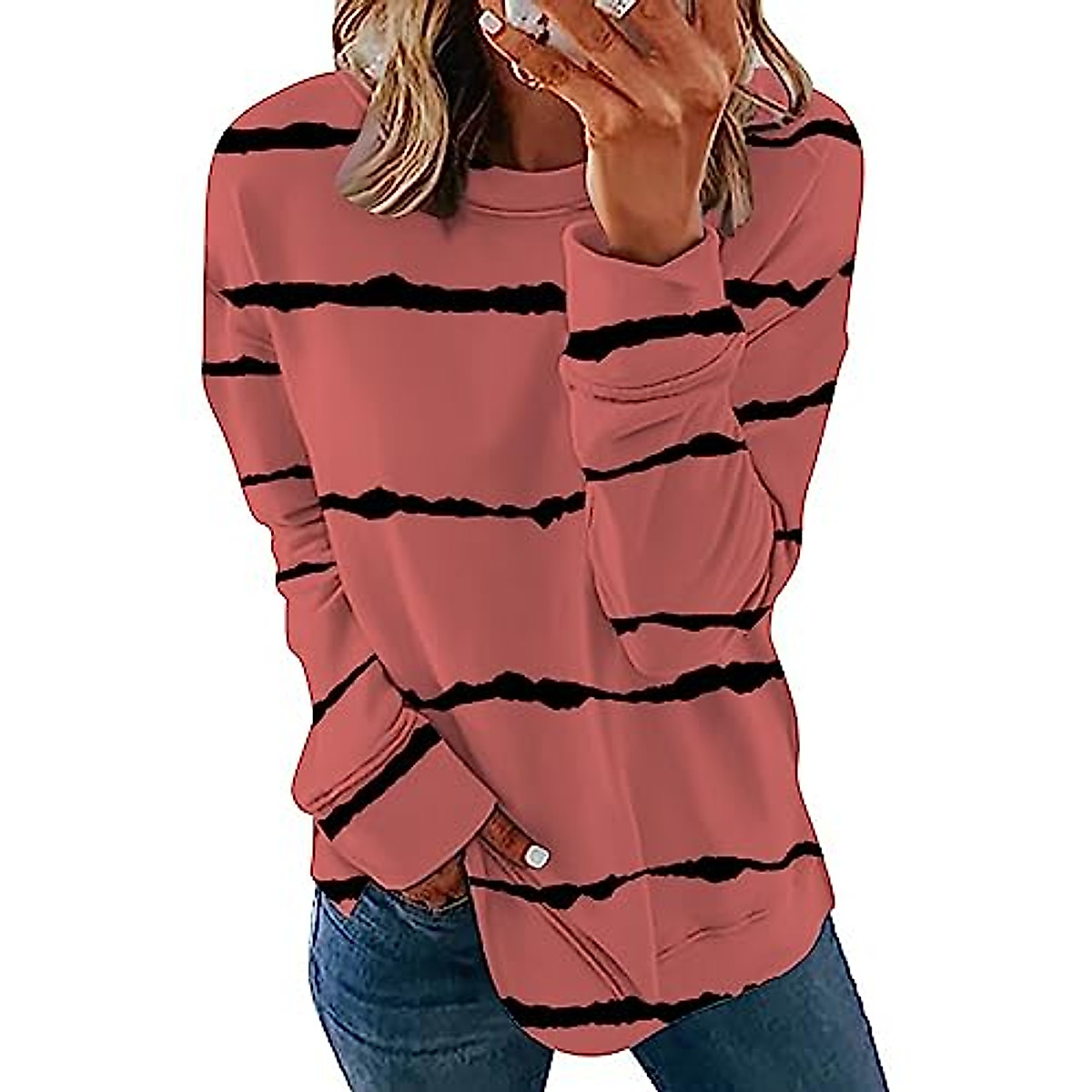 Homisy Women's Vintage Stripe Print Sweatshirt Casual Long Sleeve Pullover Sweatshirt Tops Loose Fit Crewneck Sweatshirt Watermelon Red