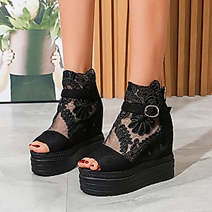 Ladies Fashion Solid Color Summer Breathable Mesh Open Toed Back Zippered High Soled Womens Size 12 Shoes Sandals (Black, 7.5)