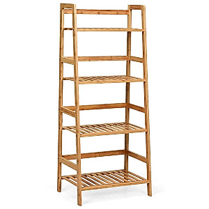 Giantex 4-Tier Ladder Shelf Plant Stand, Bamboo Flower Pots Holder Display Rack, Multifunctional Ladder-Shaped Bookshelf Storage Shelves for Home Office Living Room Bathroom Bedroom Kitchen (Natural)
