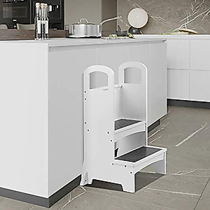 TLGREEN Kids Kitchen Step Stool, Wooden Toddler Tower Kitchen Helper, Toddler Step Stool, Montessori Learning Tower with Support Handles and Non-Slip Mat for Kitchen, Bedroom, White