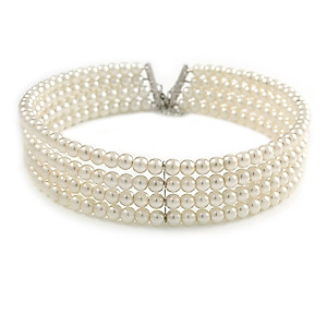 4 Row Light Cream Faux Glass Pearl Rigid Choker Necklace with Silver Tone Closure - 38cm L/ 5cm Ext