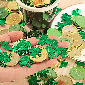 Whaline St Patrick's Day Table Decorations, 100 Pcs Plastic Good Luck Coins and 1 Oz Shamrock Clover Confetti Table Sprinkles for Irish St Patricks Party Decoration Favors Supplies