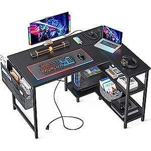 ODK 40 Inch Small L Shaped Gaming Computer Desk with Power Outlets, Reversible Storage Shelves & PC Stand for Home Office, Simple Writing Study Table with Storage Bag for Small Space, Black