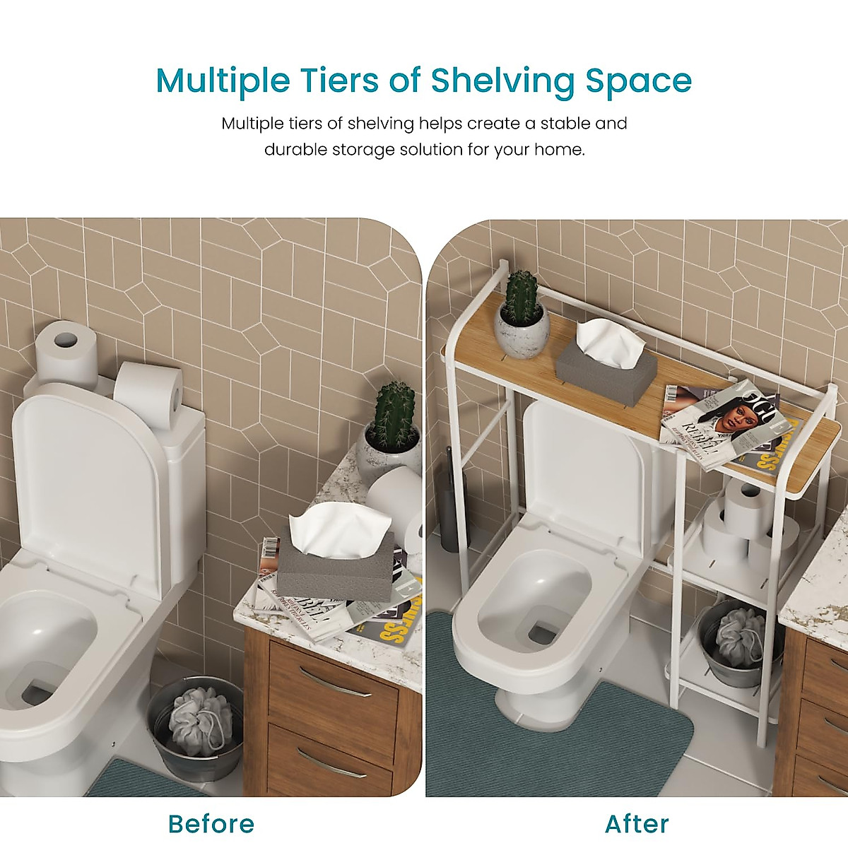 Home Zone Living Over The Toilet Bathroom Storage Organizer with Slim Shelving for Your Restroom, Kitchen, or Living Room, White Bamboo Accent Shelf