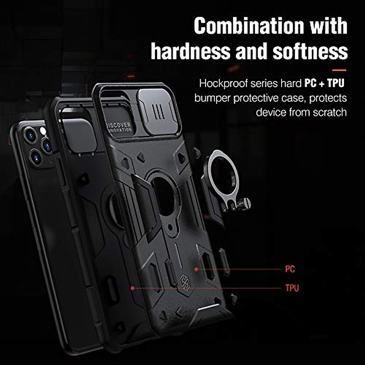 Nillkin Armor iPhone 11 Pro Max Case, [Built in Kickstand & Camera Lens Protector] Shockproof Hard Plastic Back & Soft Silicone Bumper Hybrid Cover Phone Case for iPhone 11 Pro Max 6.5'' Black
