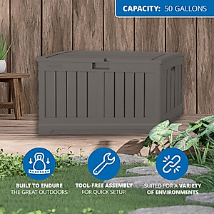 Suncast 50 Gallon Plastic Deck Box with Molded Lockable Feature and Weathertight Construction for Home, Patio, Lawn, and Garden Storage, Gray