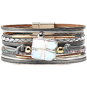 Fesciory Leopard Bracelet for Women, Boho Leather Wrap Multi-Layer Pearl Crystal Bracelet Bangle Jewelry(Gray Leather(Pearl))