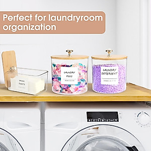 PLOUTA HOME 3 Pack Laundry Room Organization Storage Containers, Plastic Clear Laundry Pods Container & Dryer Sheet Holder Jars with Lids, Scoops & Labels for Detergent, Powder, Dryer Balls, Beads