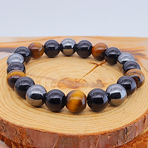 CJIAYUJEW 10mm Mens Beaded Bracelets, Initial Letter Triple Protection Bracelets for Women, Natural Tiger Eye Black Obsidian Hematite Beads Elastic Bracelets (C)