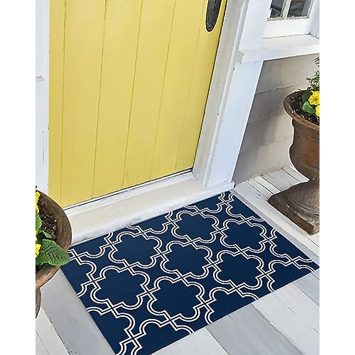 Front Entrance Floor Mats, Non Slip Bathroom/Kitchen Mat Absorbent Durable Small Rugs, Navy Geometric Moroccan Tile Pattern Door Mat Indoor/Outdoor Carpet Shoes Scraper 20x32 inch