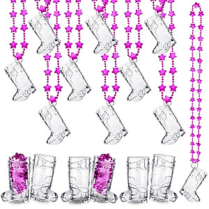 Sureio 12 Sets Cowgirl Boot Shot Glass on Beaded Necklace Decor Plastic Mini Boot Shot Necklace Cups Rose Red Bachelorette Party Boot Shot Glasses Necklace for Bride Birthday Wedding Cowgirl