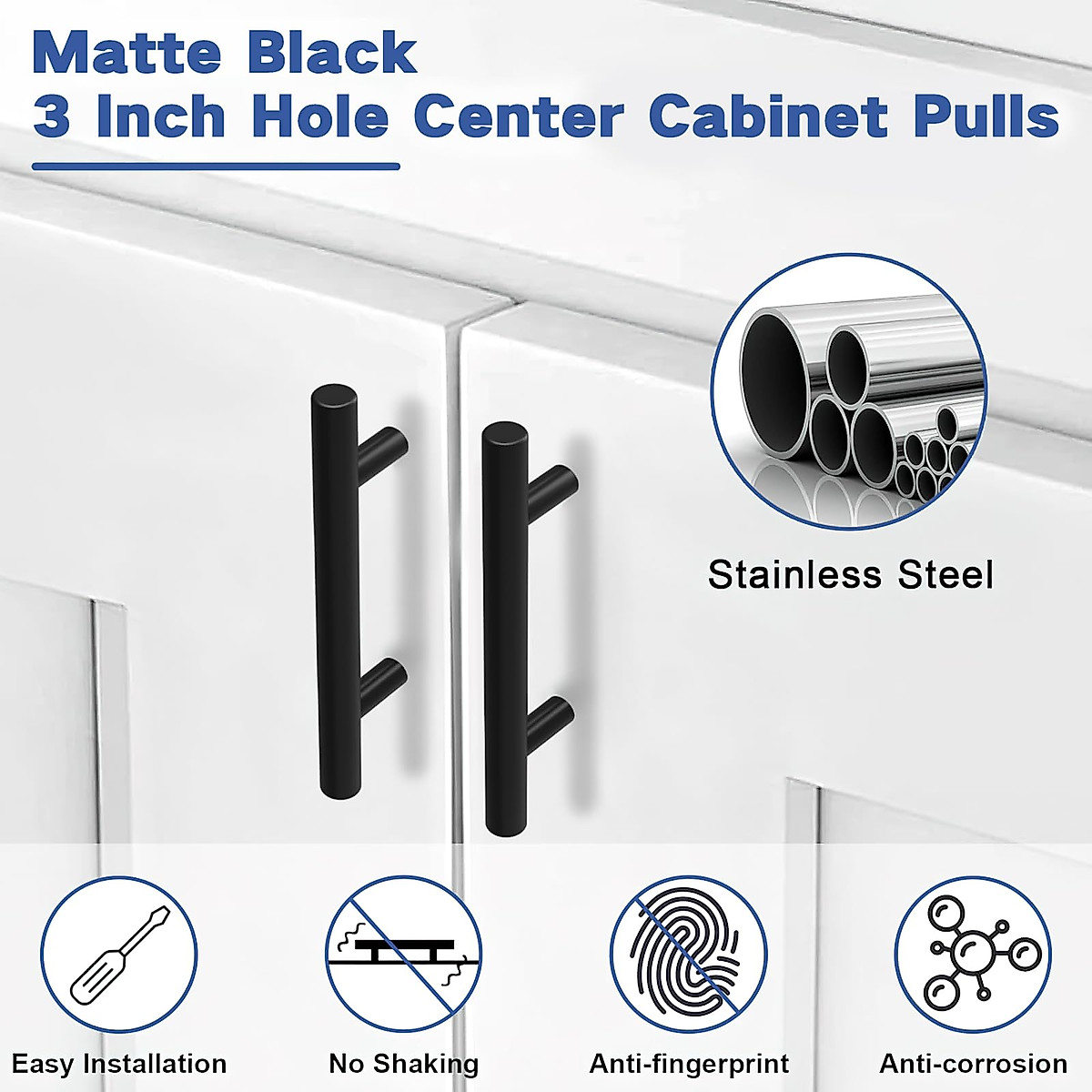 Estmoon 30 Pack 3 Inch Cabinet Handles Matte Black Cabinet Pulls Stainless Steel Black Kitchen Handles for Cabinets and Drawers, 76mm Hole Centers