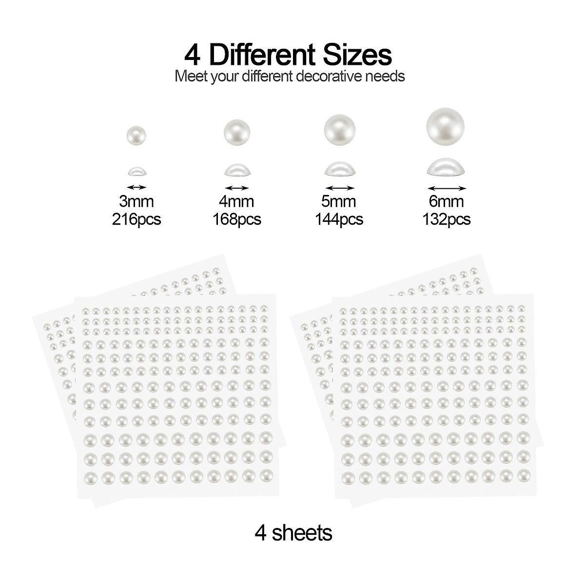 BlingKingdom 660pcs Self Adhesive Pearl Stickers Flat Back Pearls for Craft Hair Face Makeup Nail Cell Phone Scrapbooking Decor, 4 Size 3mm/4mm/5mm/6mm (White)