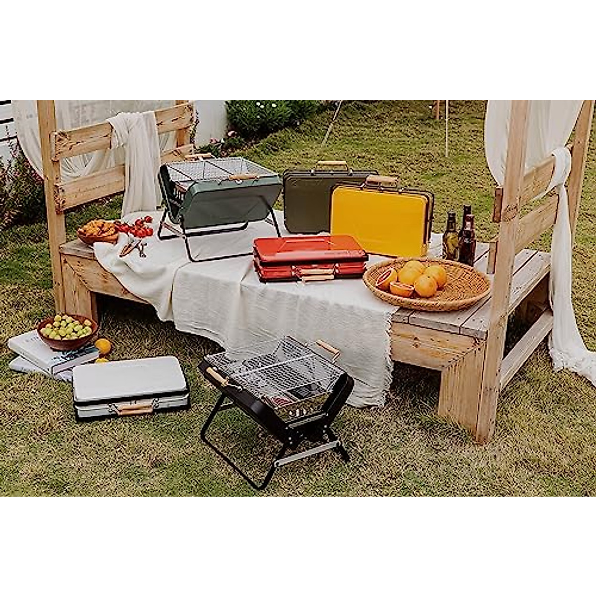 KENLUCK Charcoal Grill. Portable Stainless Steel BBQ Grill, Collapsible Barbecue Grill for Small Patio and Backyard, Foldable Outdoor Accessories (Celebration Grill (X-Large), Sandy Gloss Black)