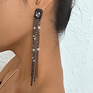 Xerling Long Rhinestones Tassel Earrings Bridal Black Chandelier Fringe Bohemian Earrings for Women Sparkling Crystal Dangle Drop Earrings for Girls (Black)