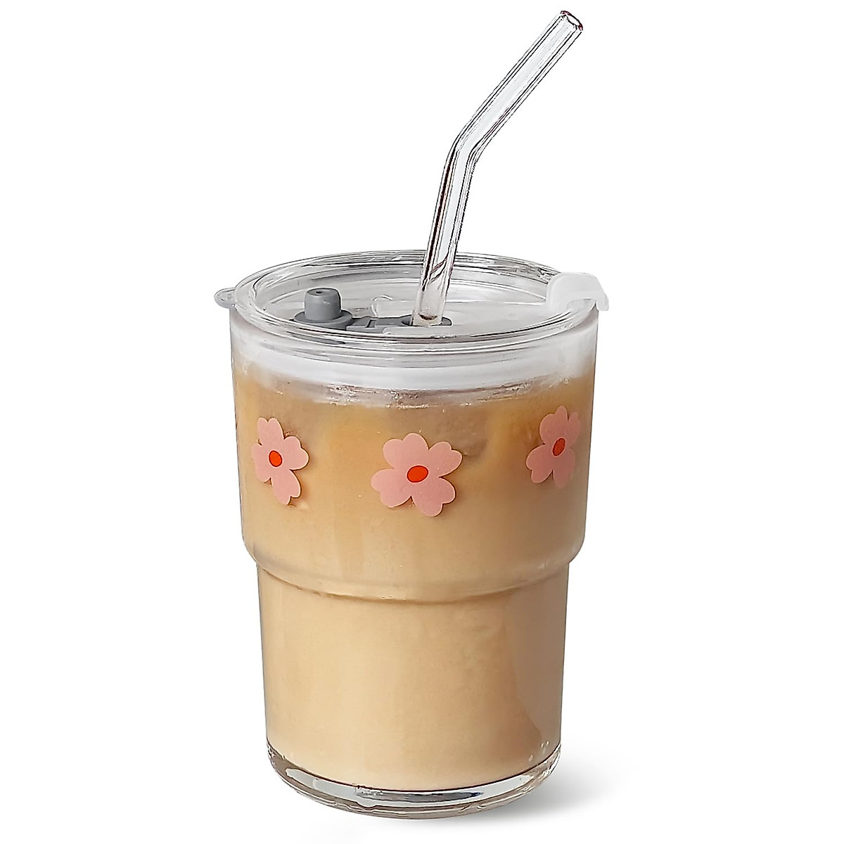 Olvini 13oz Glass Tumbler with Glass Straw and Lid, Iced Coffee Cups Reusable, Water Cup, Coffee Tumbler, Glass Coffee Mugs, Drinking Glass Cups (Pink Flower)
