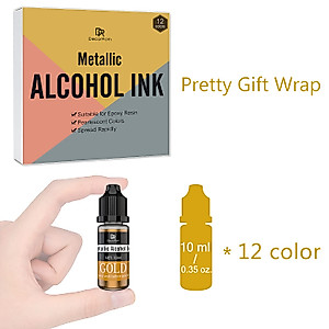 Metallic Alcohol Ink Set - 12 Metal Color Alcohol-Based Inks for Epoxy Resin Art, Painting - Concentrated Shimmer Alcohol Paint Color Dye for Resin Petri Dish Making, Yupo, Tumbler Making - 10ml Each