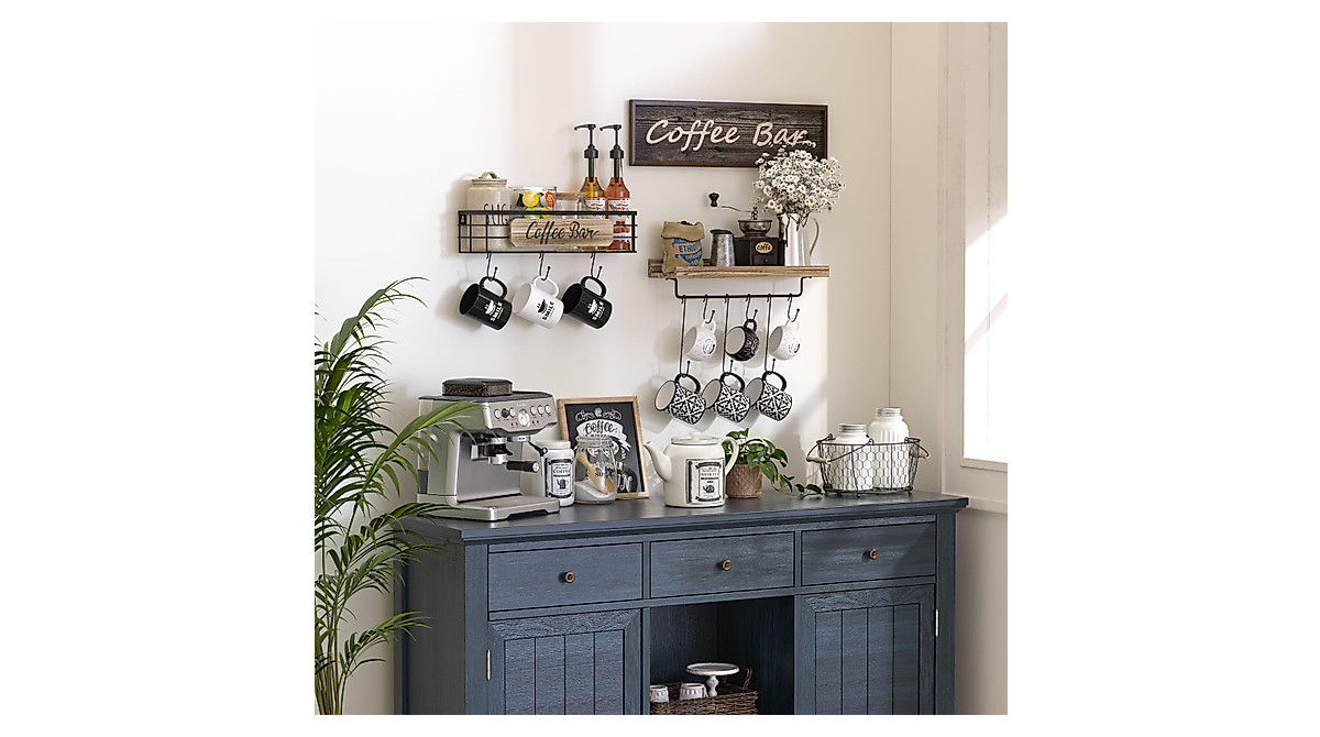 Coffee Mug Holder Shelf: 12 Hooks & Farmhouse Coffee Bar Decor