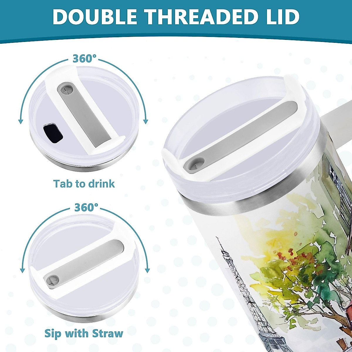 ODAWA Eiffel Tower Florist Cafe 30 Oz Travel Tumbler with Lid and Straw Travel Coffee Mug