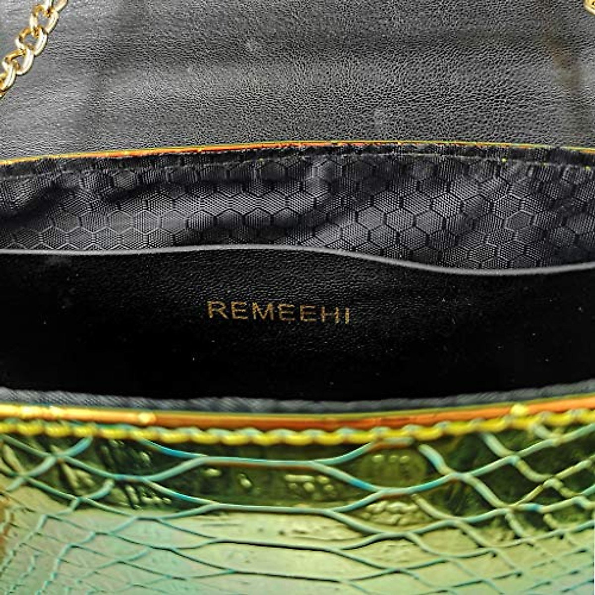 Remeehi Hologram Snake Skin Leather Shoulder Bag Crossbody Bag with Chain (Hologram Green)