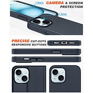 SHIELDON Genuine Leather Wallet 2 in 1 Detachable Wireless Charging Folio Magnetic Case RFID Blocking Card Slot Kickstand Shockproof Case Compatible with iPhone 15 - Navy Blue