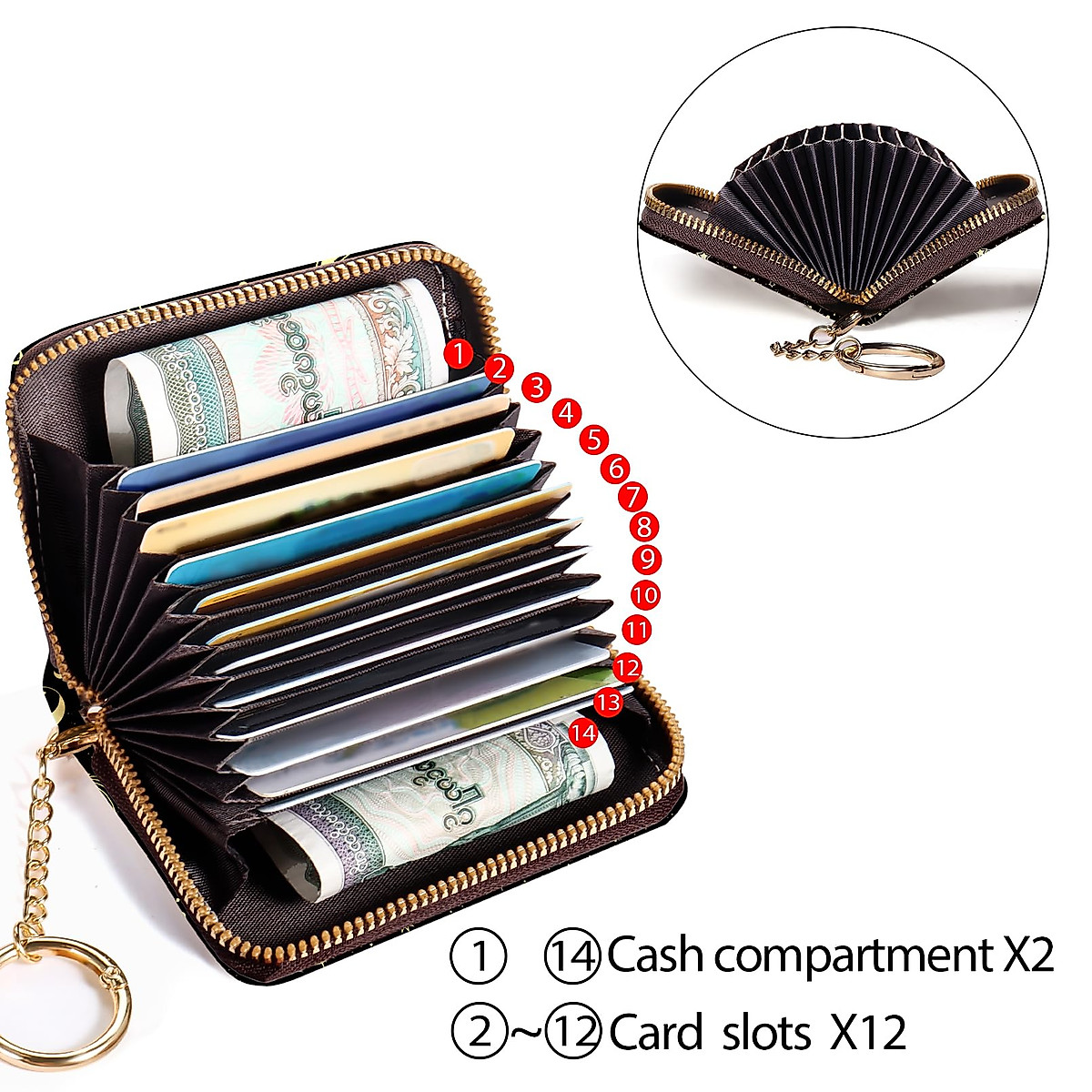 Yonlevres Credit Card Holder RFID Wallet, Astrological Sun Moon Small Card Holder Wallet for Women with Keychain Zipper, Leather Print Credit Card Case Organizer Accordion Gift