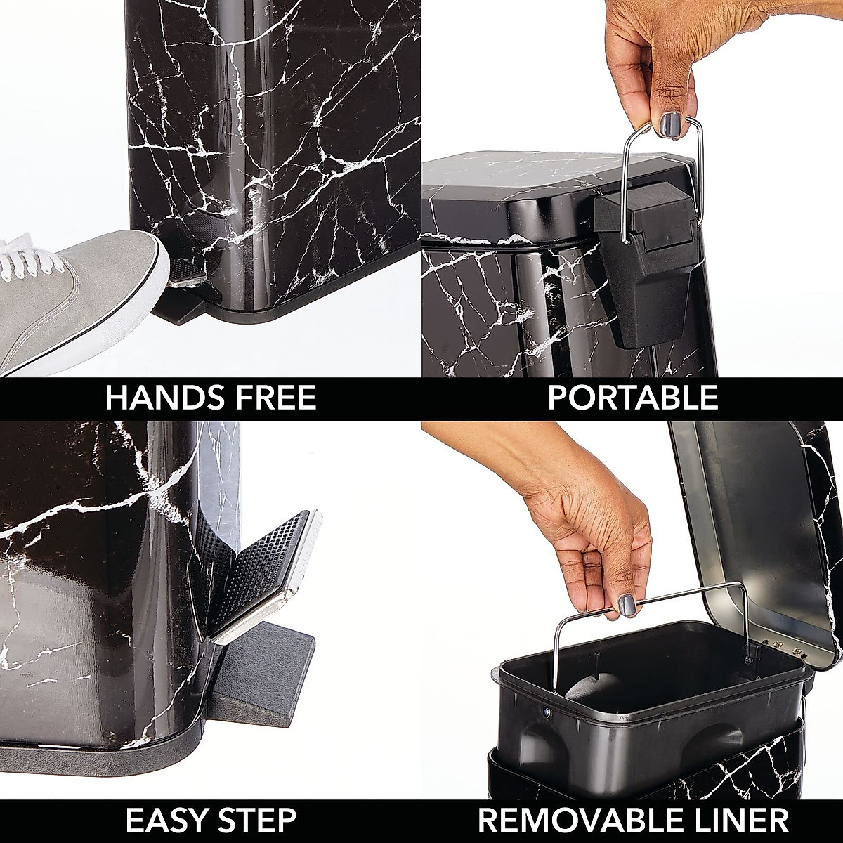 mDesign Small Modern 1.3 Gallon Rectangle Metal Lidded Step Trash Can, Compact Garbage Bin with Removable Liner Bucket and Handle for Bathroom, Kitchen, Craft Room, Office, Garage - Black Marble